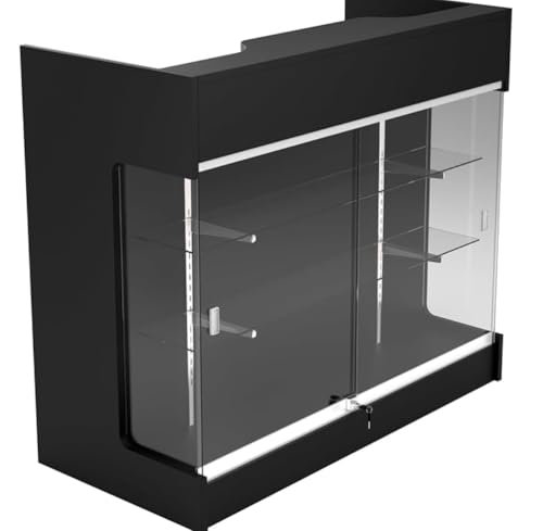 Wisdomfur Ledge top Counter with Showcase,4ft,Display Case Front, Tempered Glass, Locking Drawers & Shelves,Black