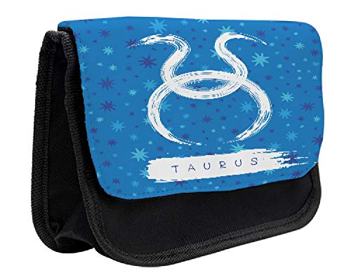 Lunarable Taurus Pencil Case, Astrological Horoscope Sign, Fabric Pen Pencil Bag with Double Zipper, 8.5" x 5.5", Violet Blue White