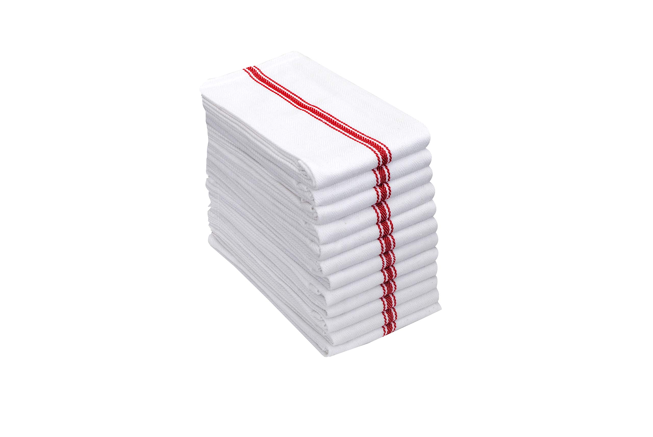 AMOUR INFINI Cotton Herringbone White Dish Towels Set of 12 - Highly Absorbent, Super Soft Tea Towel with Hanging Loops - Extra Large Quick Dry Bar Towel (16x28 Inch - Red)