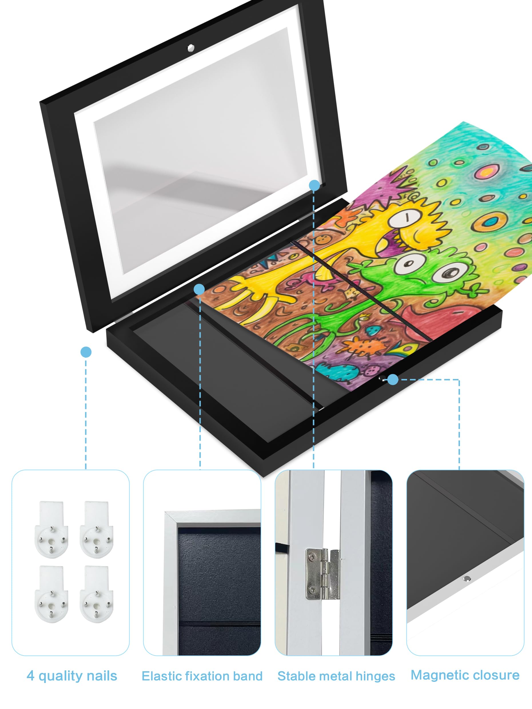 Orionstar Kids Art Frames, Artwork Picture Frames Changeable, Front Opening Picture Display Frames Holds 11.8X8.5inch 100 A4 Pcs, Artwork Display Storage Frames for Children, Home (Black 2 Pack)