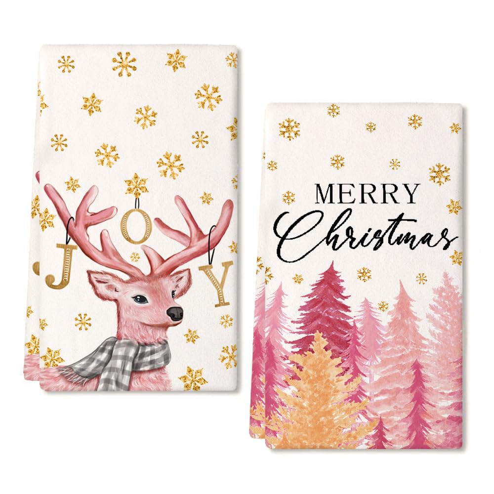 ARKENY Christmas Kitchen Towels Set of 2,Pink Xmas Tree Merry Christmas Dish Towels 18x26 Inch,Hoilday Farmhouse Home Decoration AD105