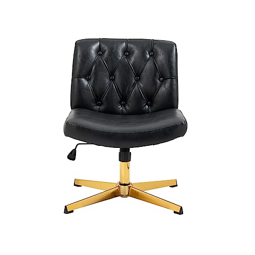 VanTook Home Office Swivel Desk Chair, Modern PU Vanity Chair, Height Adjustable Armless Computer Executive Chair Task Chair with Gold Base for Living Room, Makeup, Studying, Black