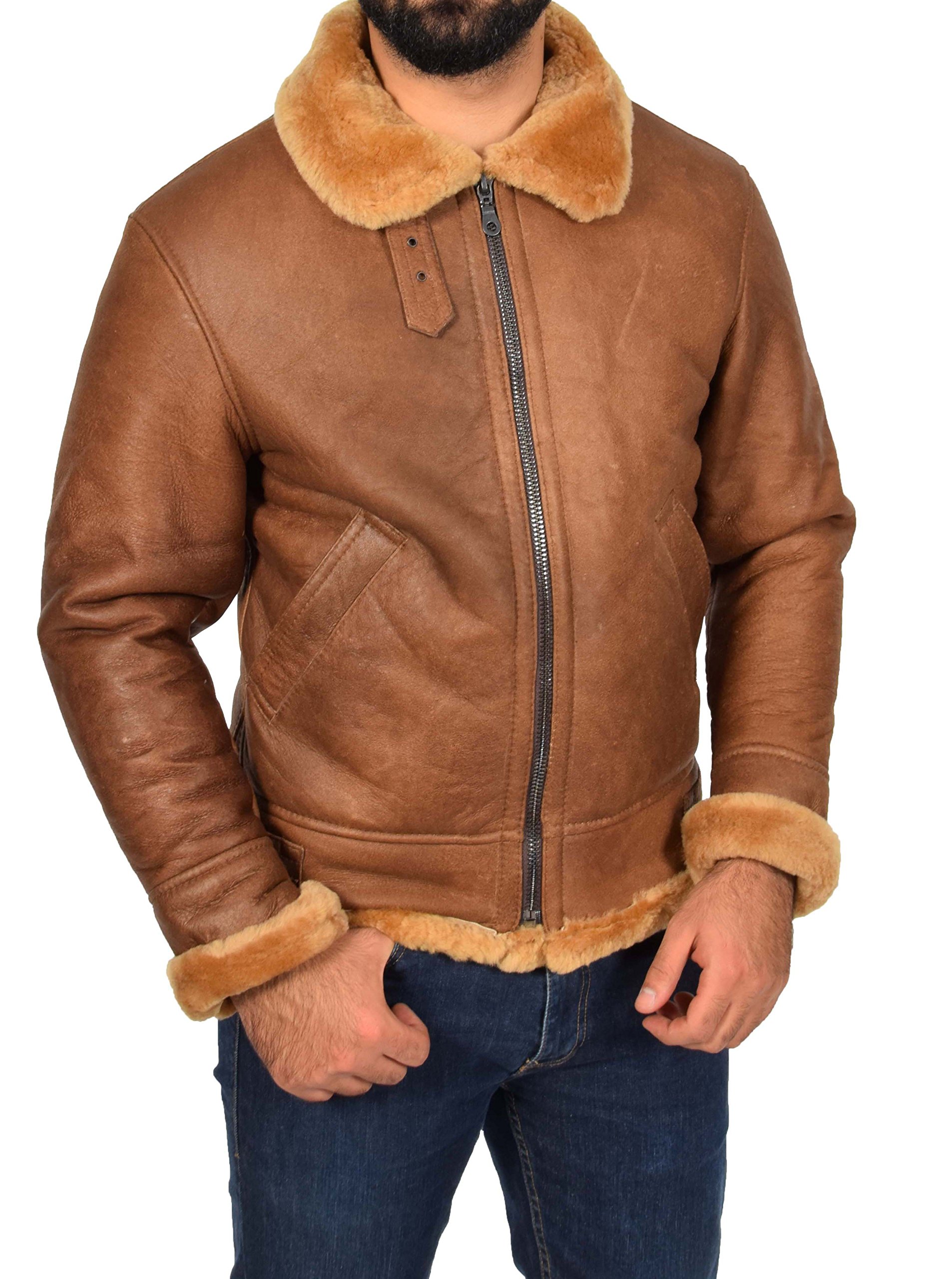 A1 FASHION GOODS Real Sheepskin Flying Jacket Vintage Tan Shearling Bomber Authentic Aviator Coat Tornado (Large)