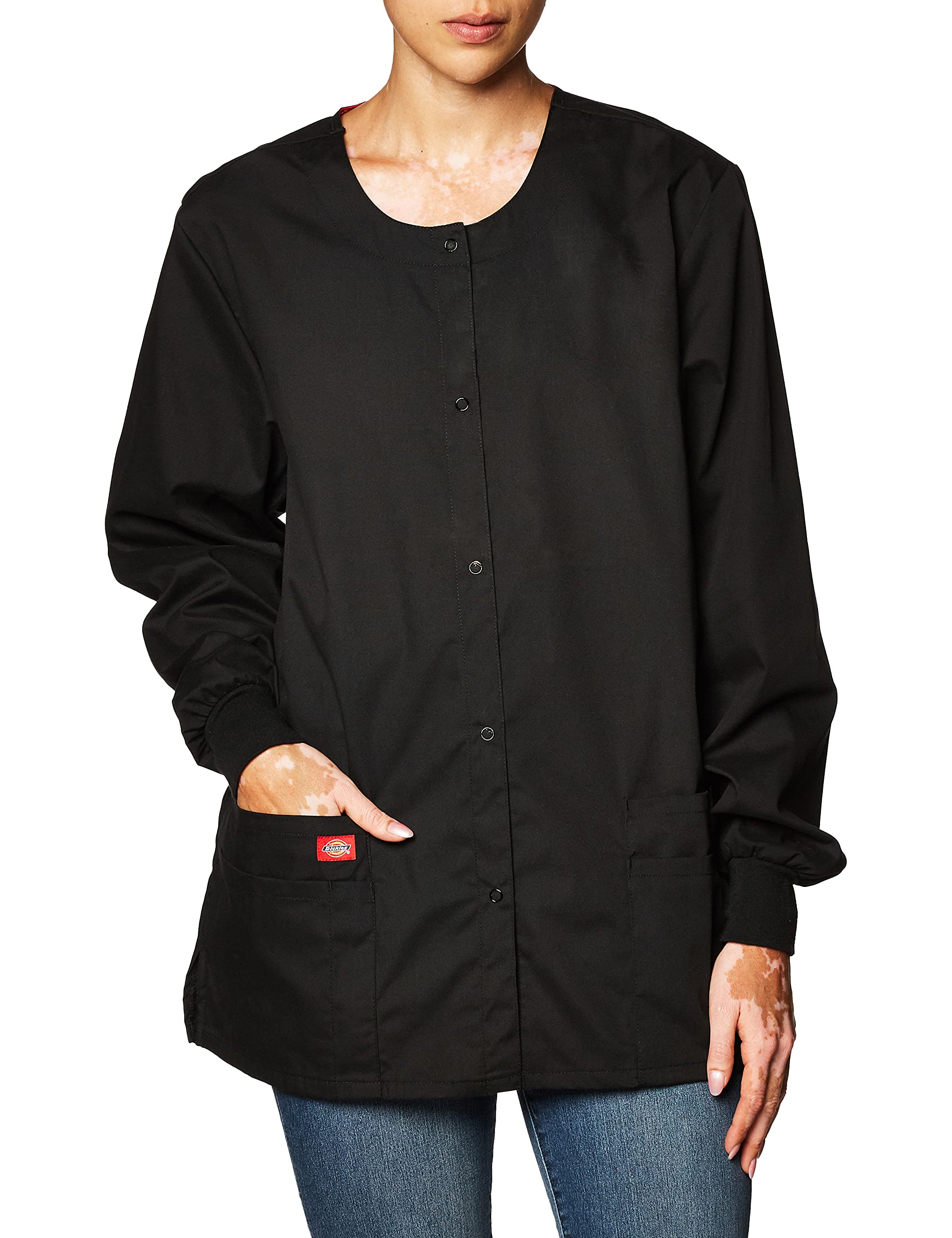 Dickies Women's Plus Size EDS Signature Scrubs Missy Fit Snap Front Warm-Up Jacket, Black, XX-Large