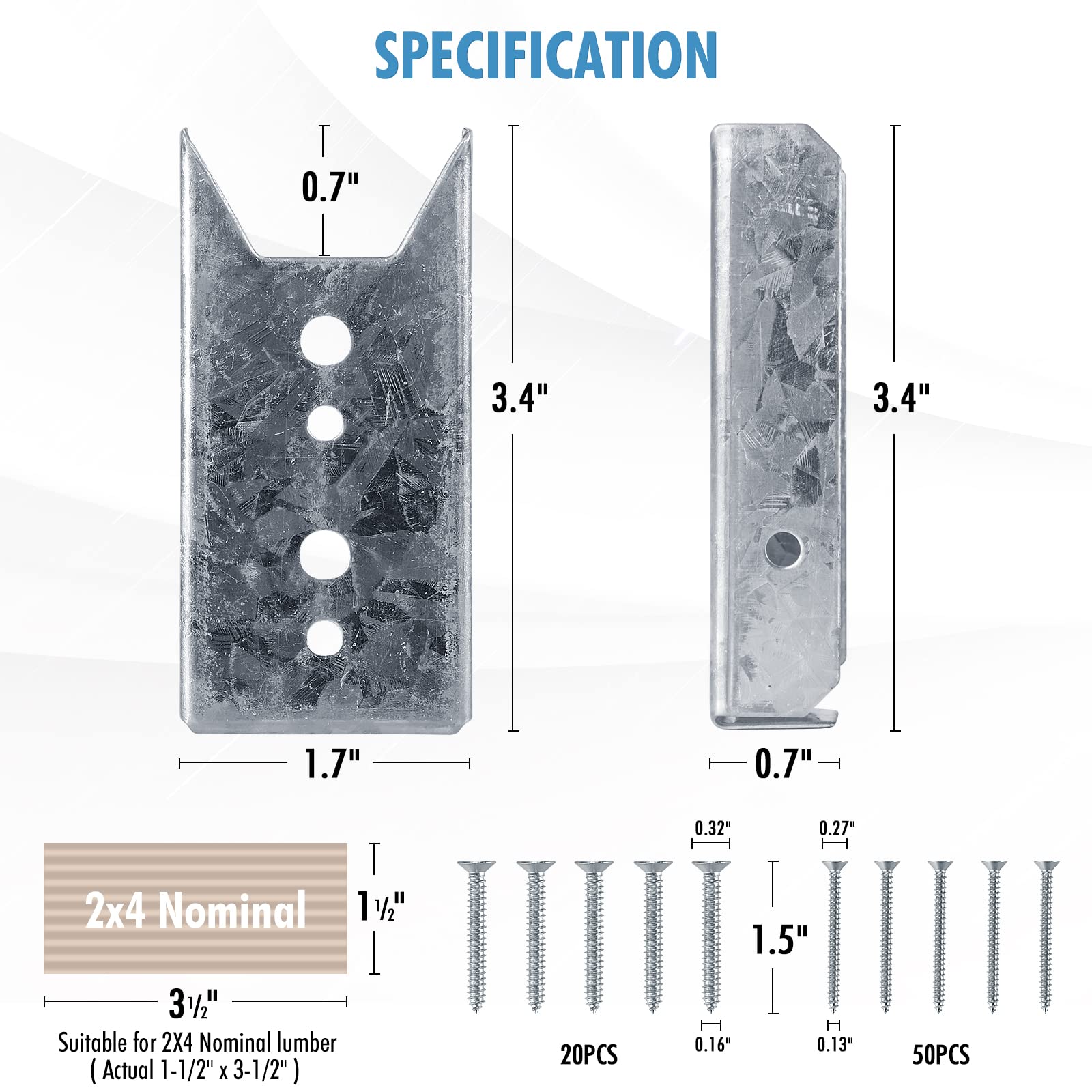 LukLoy 10 Pack 2x4 Brackets for Wood Rail, Fence Brackets Repair Kit Galvanized, Deck Railing Bracket Connectors for 2"×4"(Actually 1.5"x3.5") Wood Post, Includes 70PCS 304 Stainless Steel Screws