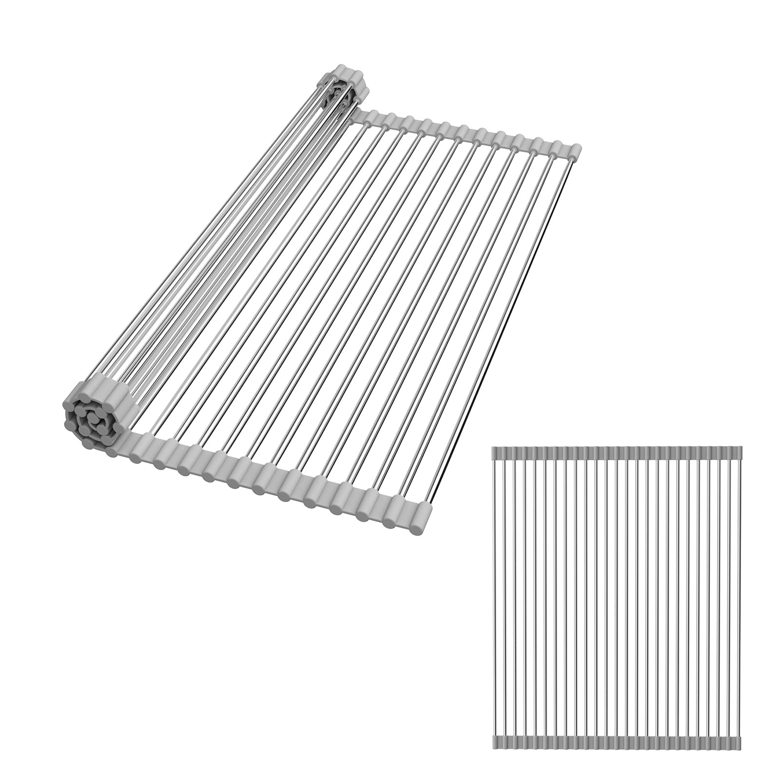 EMBATHER Roll Up Dish Drying Rack Over The Sink, Dish Drying Rack for Kitchen Counter, Multipurpose Stainless Steel Foldable Kitchen Drainer Rack with Silicone Mat, Anti-Slip, (Grey, 20.5"x15")
