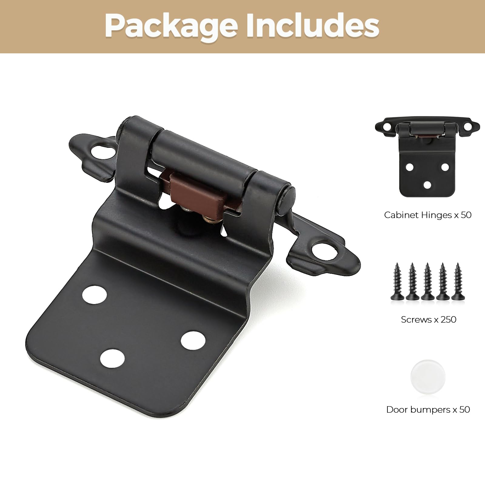 50 Pack 25 Pair Black Cabinet Hinges - 3/8 inch Inset Kitchen Cabinet Hinges, Semi-Concealed Hinges, Self Closing Cabinet Door Hinges with Door Bumper Flush Face Mount Cupboard Hardware