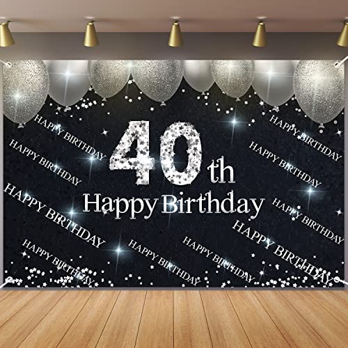 Silver and Black Happy 40th Birthday Backdrop Banner Decorations for Women Men 40 Years Old Bday Background Photography Party Decor Sign Supplies