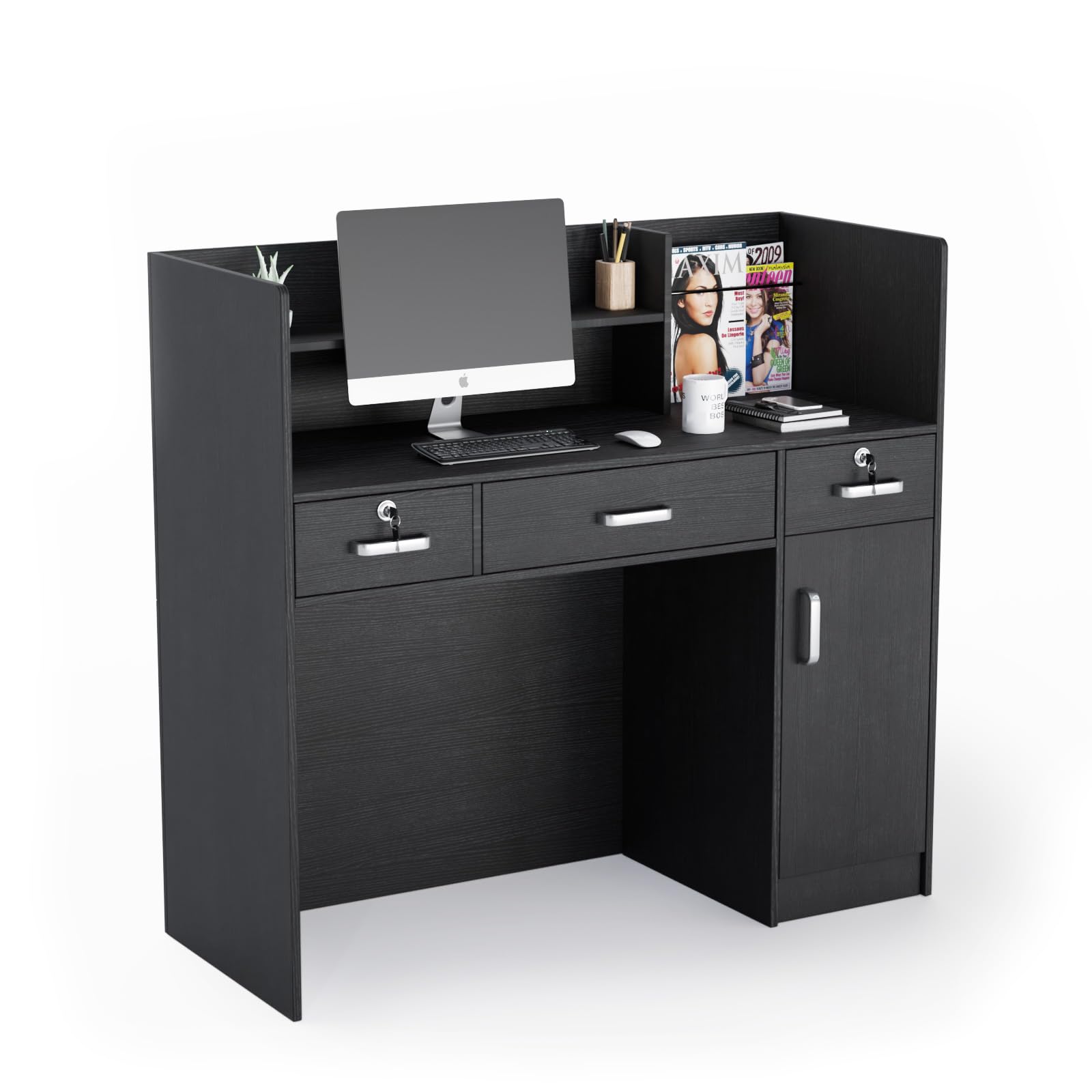 LEADZM H-Shaped Reception Desk with Counter, Front Desk with Lockable Drawers & Adjustable Shelf, Retail Checkout Counter for Beauty Salon Office (Black)
