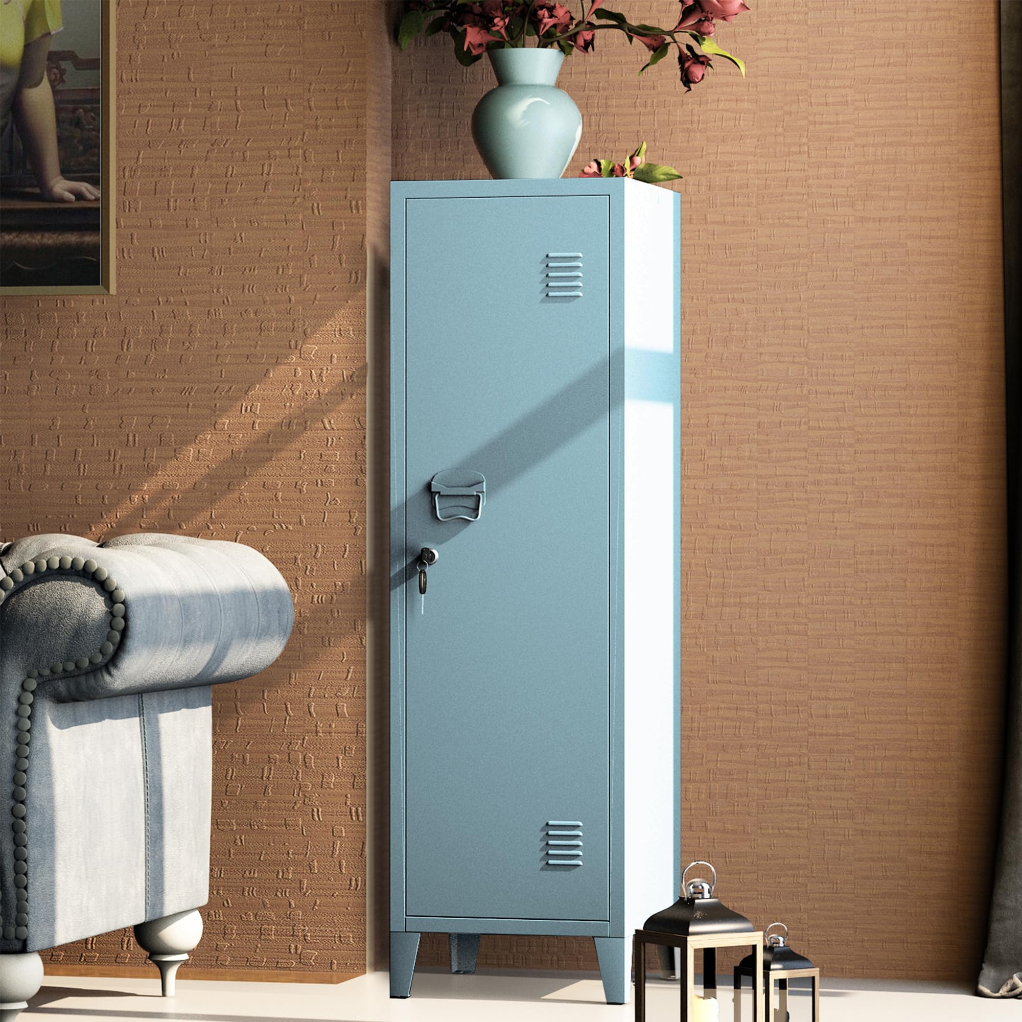 MIOCASA Metal Cabinet Home Office Storage Cabinets with Doors and Shelves Lockable 3 Door File Cabinet Organizer Coat Lockers for Kids (Blue)