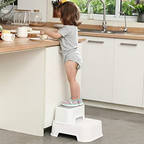 Two Step Stool for Kids, Double up Toddler Step Stool for Potty Training, Kitchen, Bathroom, Toilet Stool with Anti-Slip Strips for Safety, Stackable, Wide Step (1 Pack White)