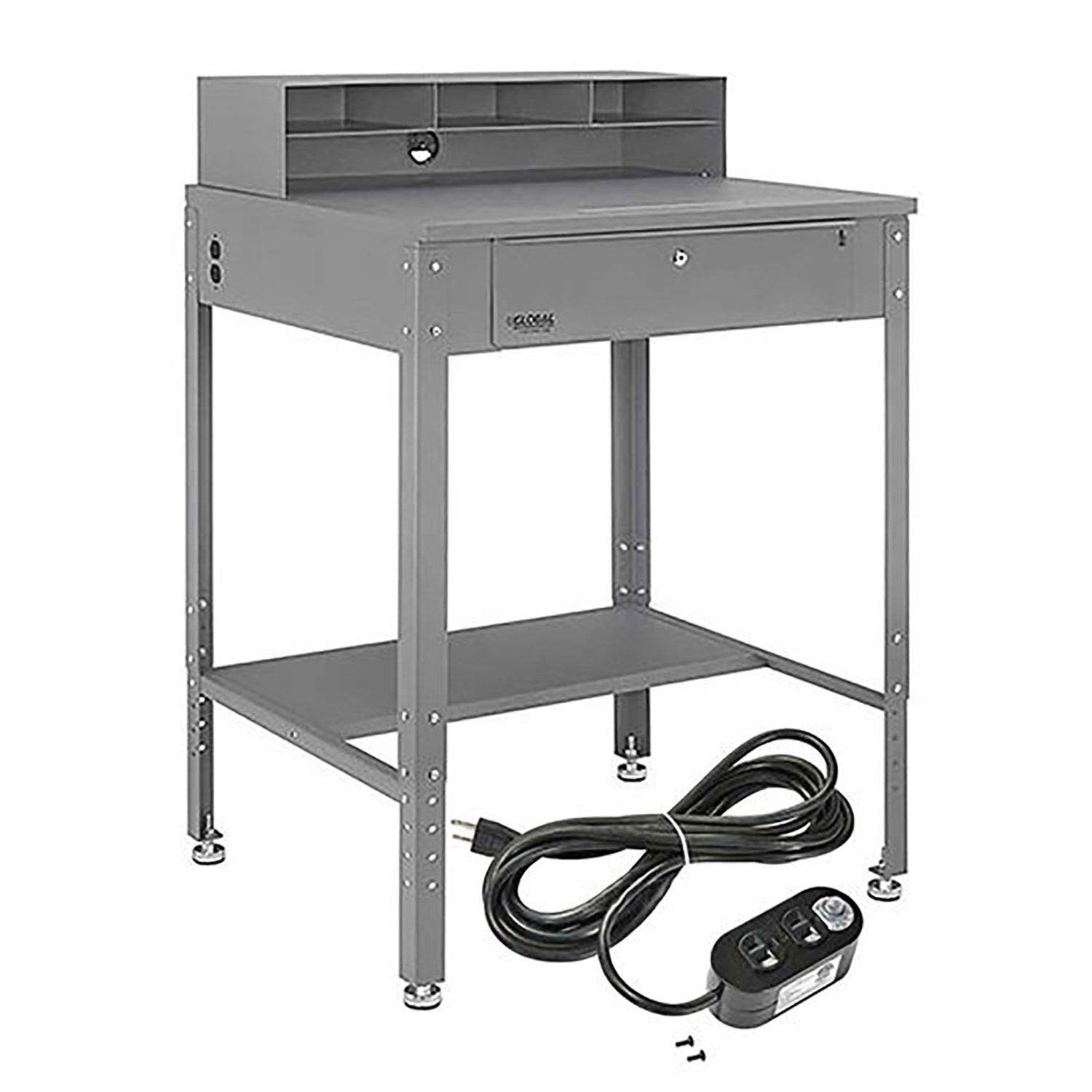 Global Industrial Flat Top Shop Desk w Pigeonhole Compartments & Electrical Outlets, 34-1/2"W x 30"D, Gray