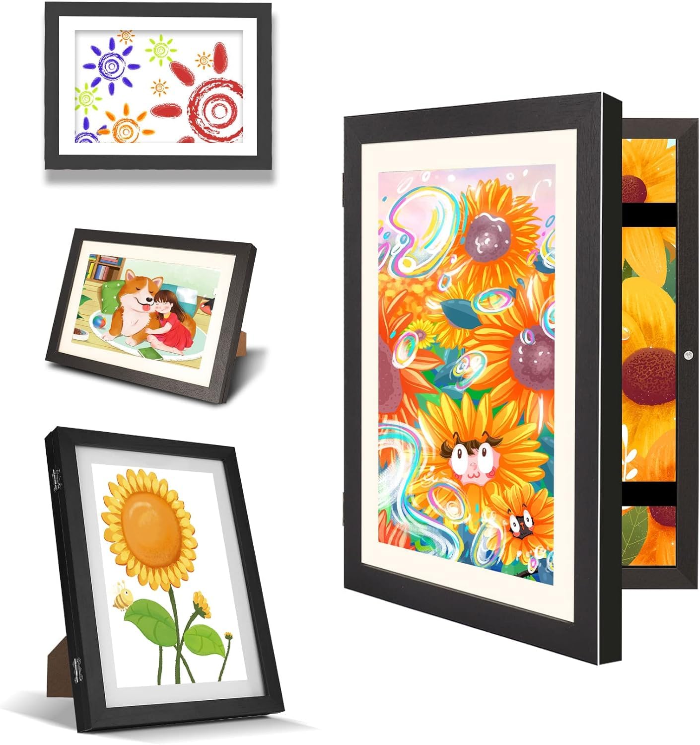 RIOFLY Kids Art Frames,9.5x13 Front Opening Artwork Frames Changeable Picture Display for DIN, Holds 50 Pcs, for 3D Picture,A4 Art-Work,Crafts,Children Drawing,Hanging Art,Portfolio Storage-Black