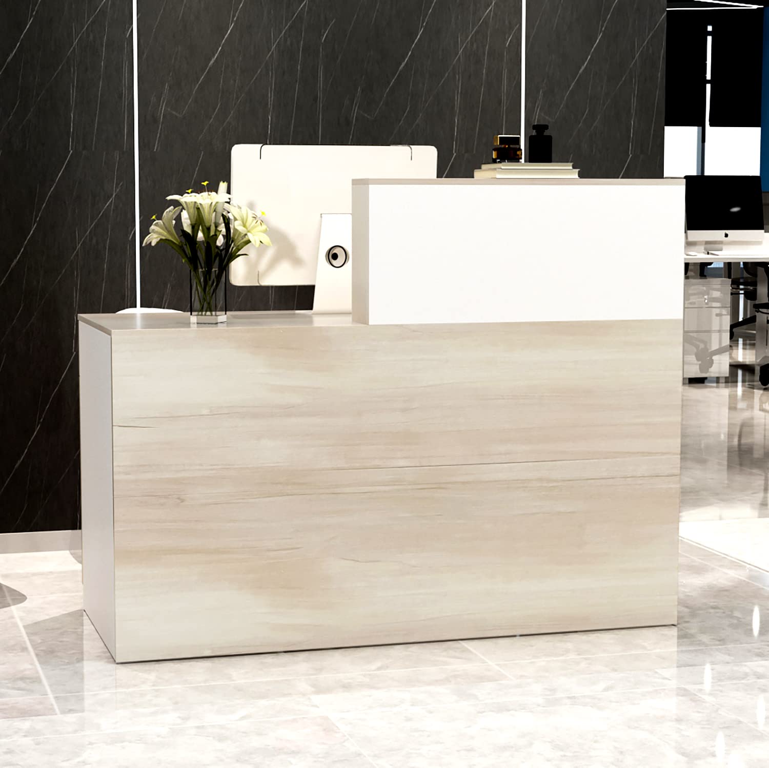 AGOTENI Reception Desk, Front Counter Desk with Lockable Drawer & Open Shelf, Reception Table Wooden Computer Desk for Office Reception Room, Oak