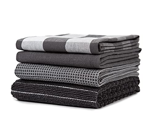 Kitchen Cotton Towels - 100% Cotton Gray Dish, Hand, Tea Towels - Flat, Terry, Waffle, Herringbone - 28 x 16 in