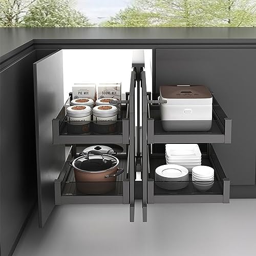 AHDFY 2 Tier Dish Rack, Full Open Kitchen Aid Dish Rack, Blind Corner Cabinet Pull Out Seasoning Dish Basket for Cabinet Pantry Kitchen Cupboard