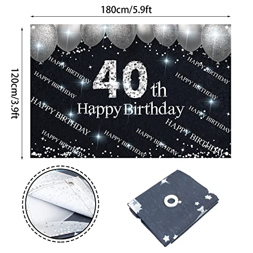 Silver and Black Happy 40th Birthday Backdrop Banner Decorations for Women Men 40 Years Old Bday Background Photography Party Decor Sign Supplies