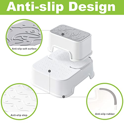 Two Step Stool for Kids, Double up Toddler Step Stool for Potty Training, Kitchen, Bathroom, Toilet Stool with Anti-Slip Strips for Safety, Stackable, Wide Step (1 Pack White)
