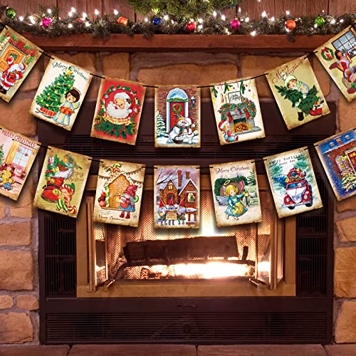 20 Pcs Vintage Christmas Garland Hanging Vintage Xmas Banner Decor, Victorian Vintage Christmas Bunting with Rope Traditional Christmas Card for Indoor Fireplace Mantle Decorations(Santa Claus Style)