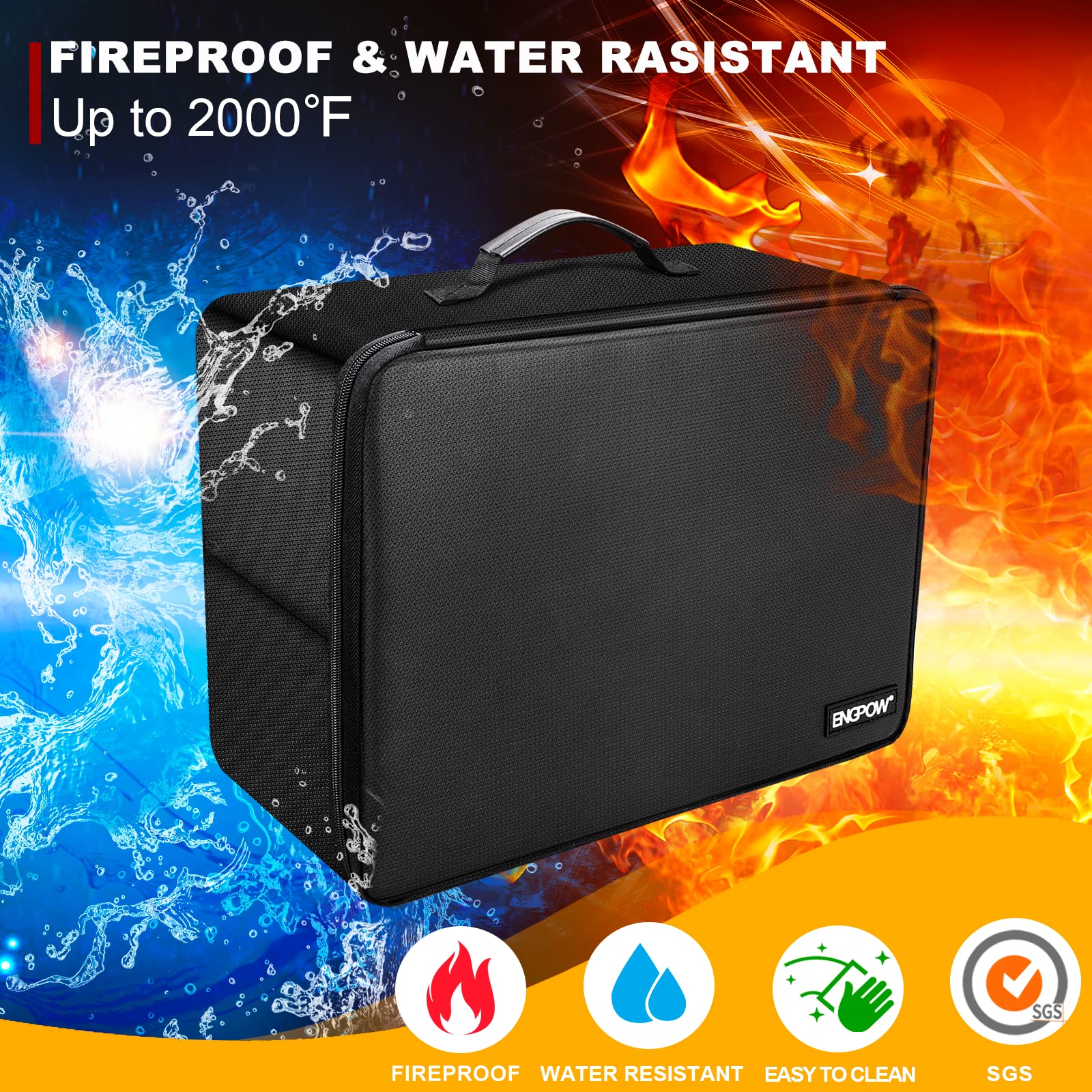 ENGPOW Fireproof Document Organizer Box with Lock,Collapsible Hard File Storage Box,Multi-Layer Waterproof Portable Travel Home Filing Storage Fireproof Safe for Important File,Cash,Letter/Legal Size