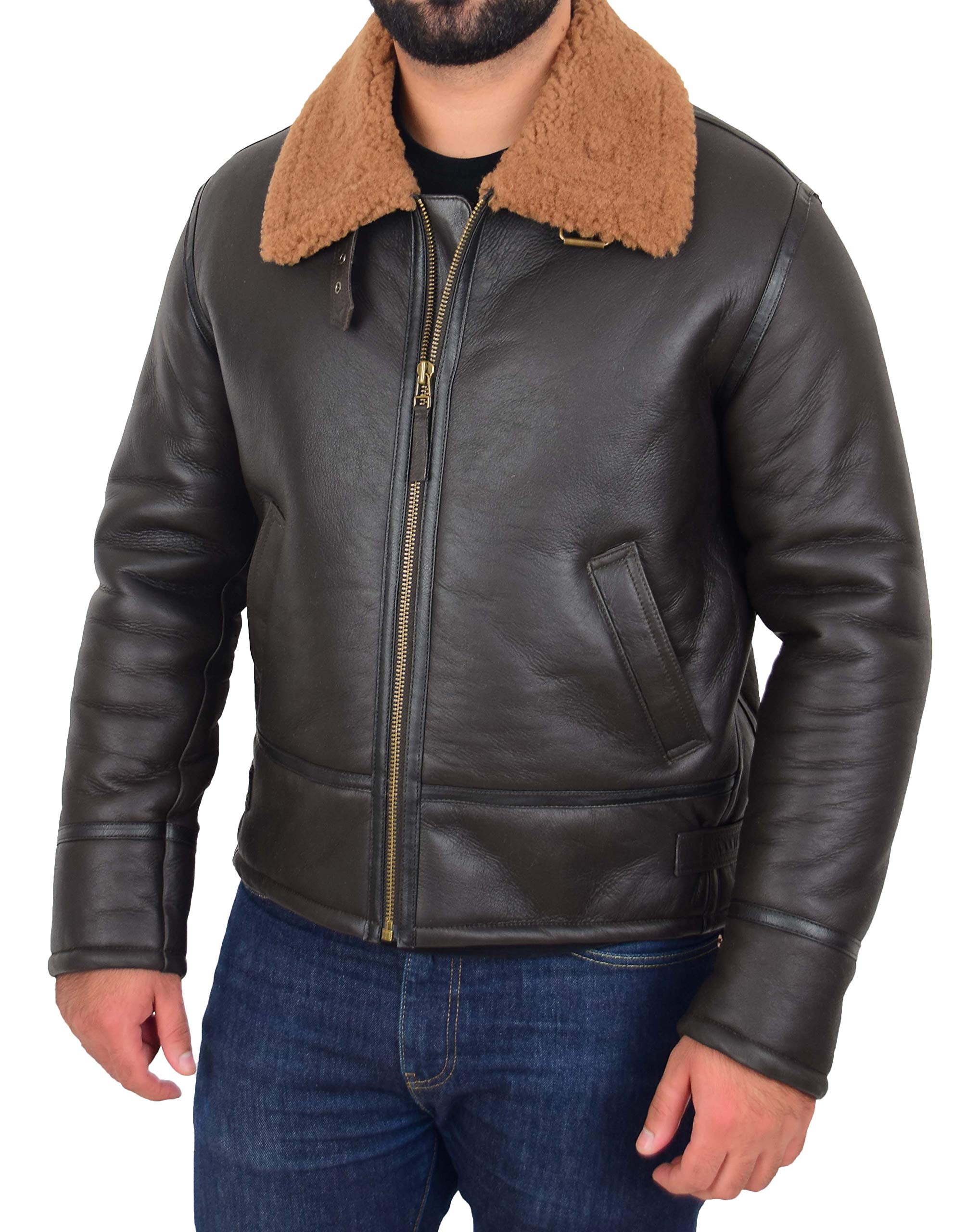 A1 FASHION GOODS Original Sheepskin Flying Jacket For Men B3 Bomber Aviator Pilots Shearling Coat Raptor (Brown/Ginger, Small)