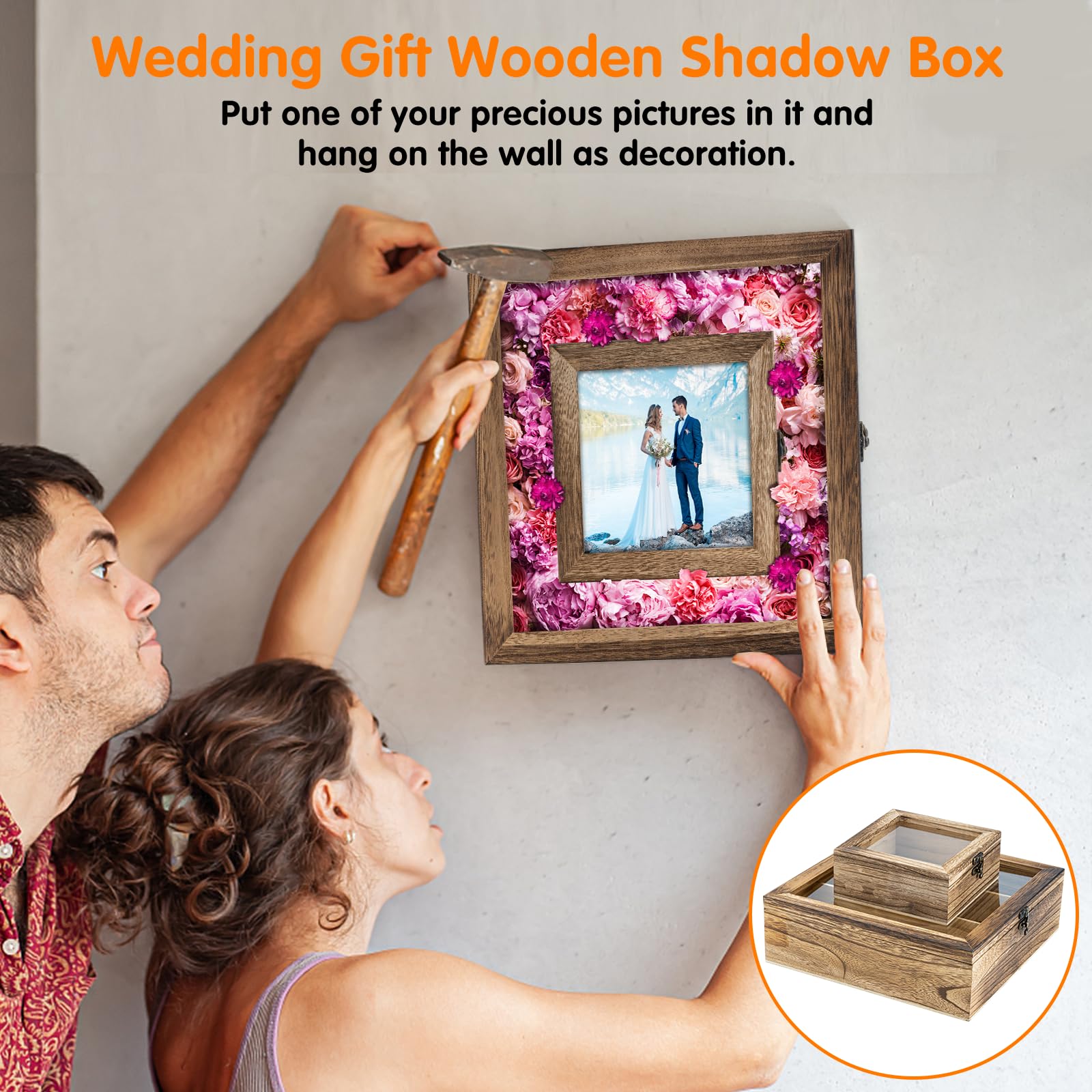 Wedding Gift Shadow Box Kit, 11” x 11” and 6” x 6” Wooden Shadow Boxes, Desktop Display Case with Transparent Lid, Wall Hanging Shadow Box Frame, Memory Box for Photos, Figurines, Jewelry, Tickets