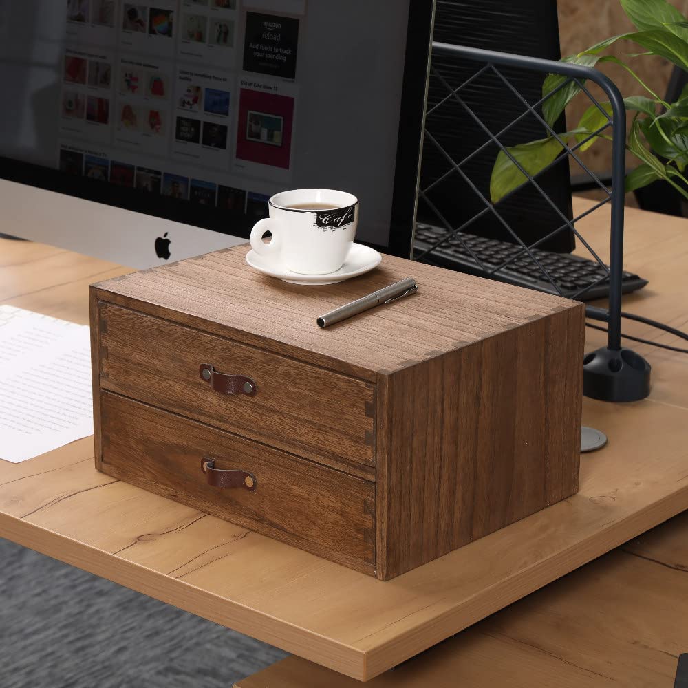 DDYURI Wood 2 Drawer Desktop Organizer Cabinet - Desk Storage Box for Kitchen Counter,Dresser Tabletop -Wooden File Organizer Printer Machine Stand for Office Accessories Chest Dark (FAX2C-DK)