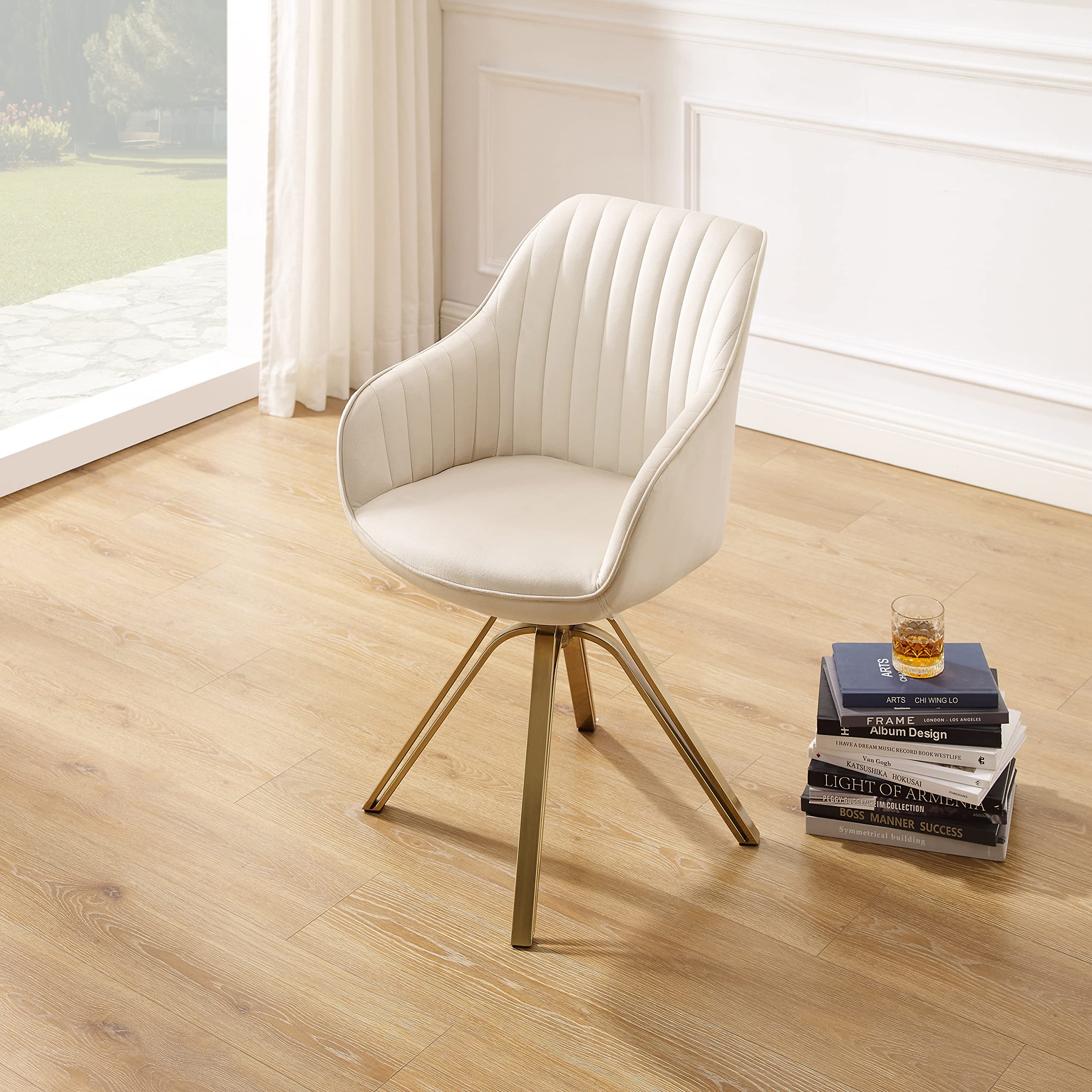 Art Leon Mid Century Modern Swivel Accent Chair, Desk Chair No Wheels, Fabric Upholstered Armchair with Gold Legs, Off White