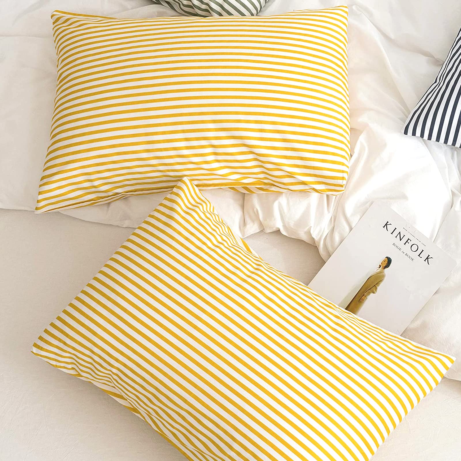 JELLYMONI 100% Cotton Striped Standard Pillowcases Set, 2 Pack White and Golden Yellow Stripes Pillow Covers with Envelope Closure(Pillows are not Included)