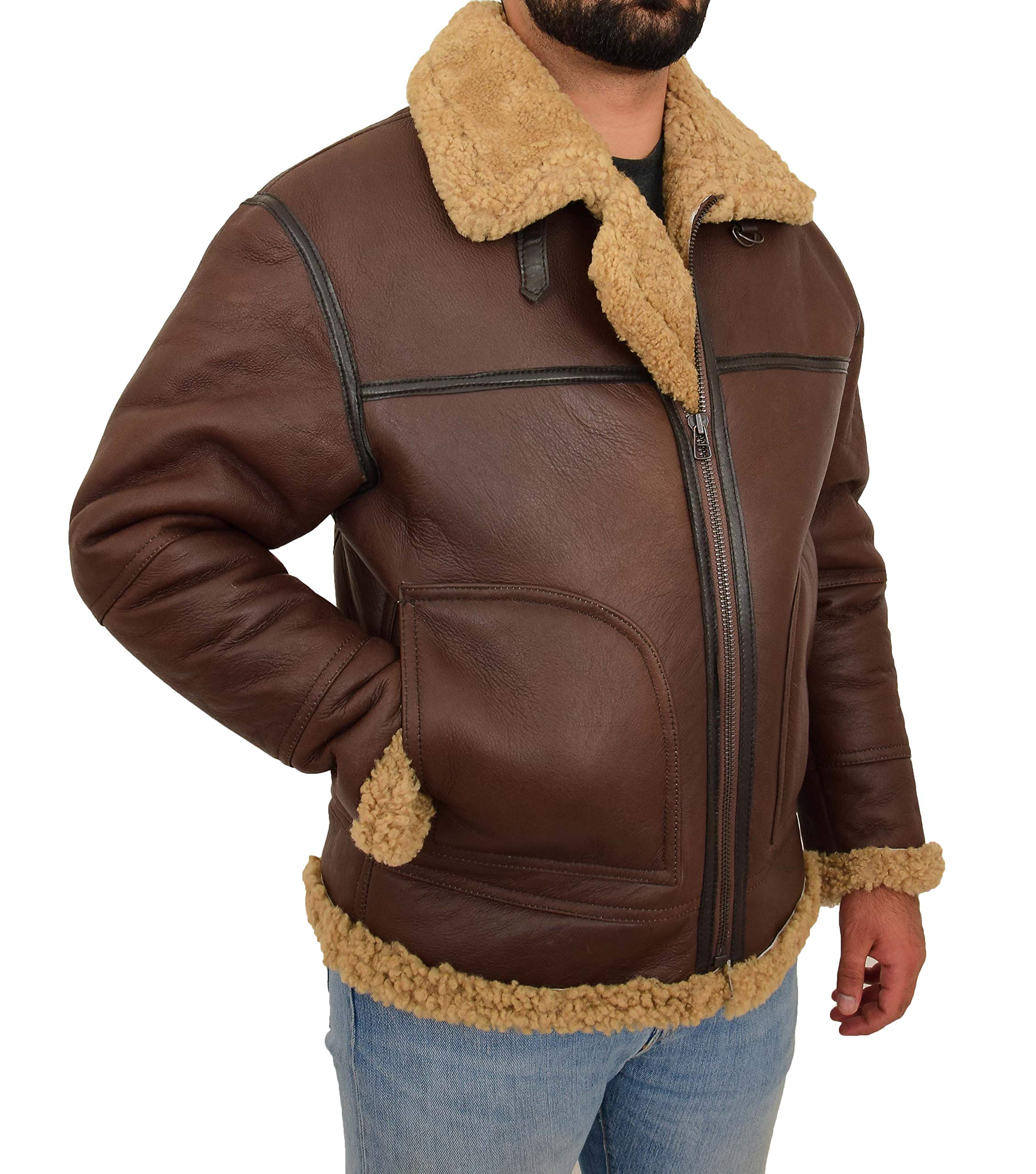 A1 FASHION GOODS Mens Brown Real Sheepskin B3 Flying Bomber Jacket Shearling Aviator Pilot Coat Larry (XXX-Large)
