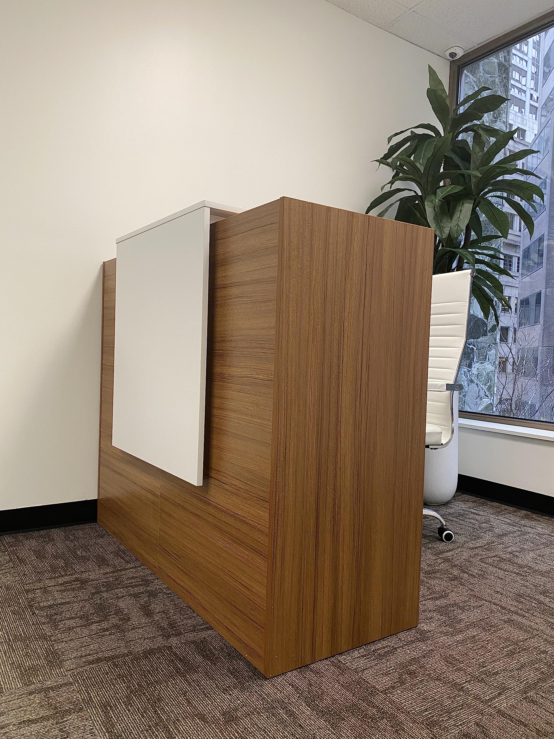 UGOS ICN 53" Modern Reception Desk, Multifunctional Modern,Transaction Countertop, Laminate Desktop, Standing Front Table for Office, Home, School, Salon, Spa - Teak and White