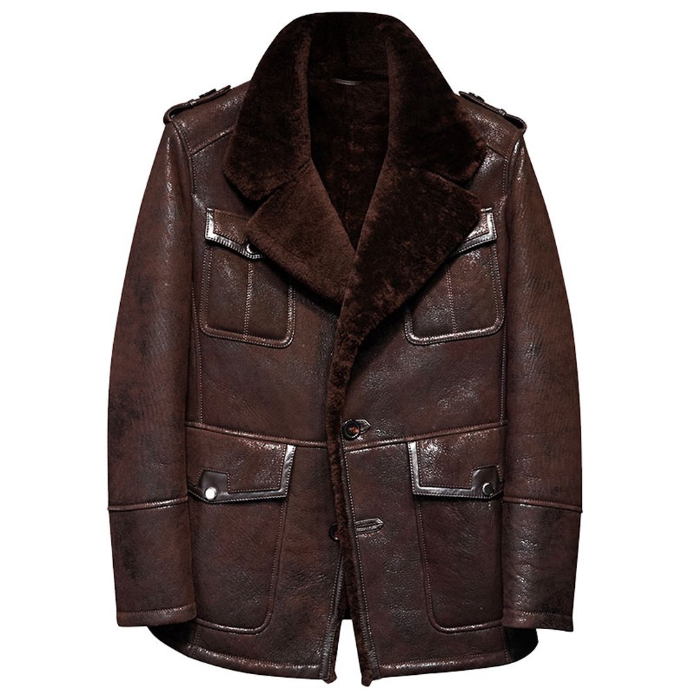 Men Shearling Jacket Military Style American Pilot's Leather Clothing Red Brown Aviator B3 Sheepskin Jacket (M, Brown)