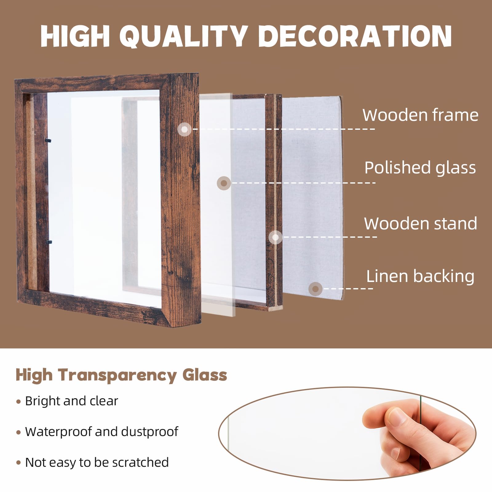 Muzilife 12x12 Shadow Box Picture Frame with Linen Board - Deep Wood & Glass Display Case to Hang Memory Box Baby Sports Memorabilia, Pins, Awards, Medals, Wedding, Tickets and Photos, Rustic Brown