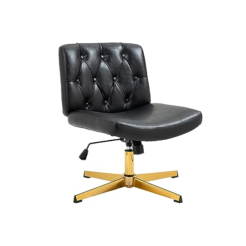 VanTook Home Office Swivel Desk Chair, Modern PU Vanity Chair, Height Adjustable Armless Computer Executive Chair Task Chair with Gold Base for Living Room, Makeup, Studying, Black