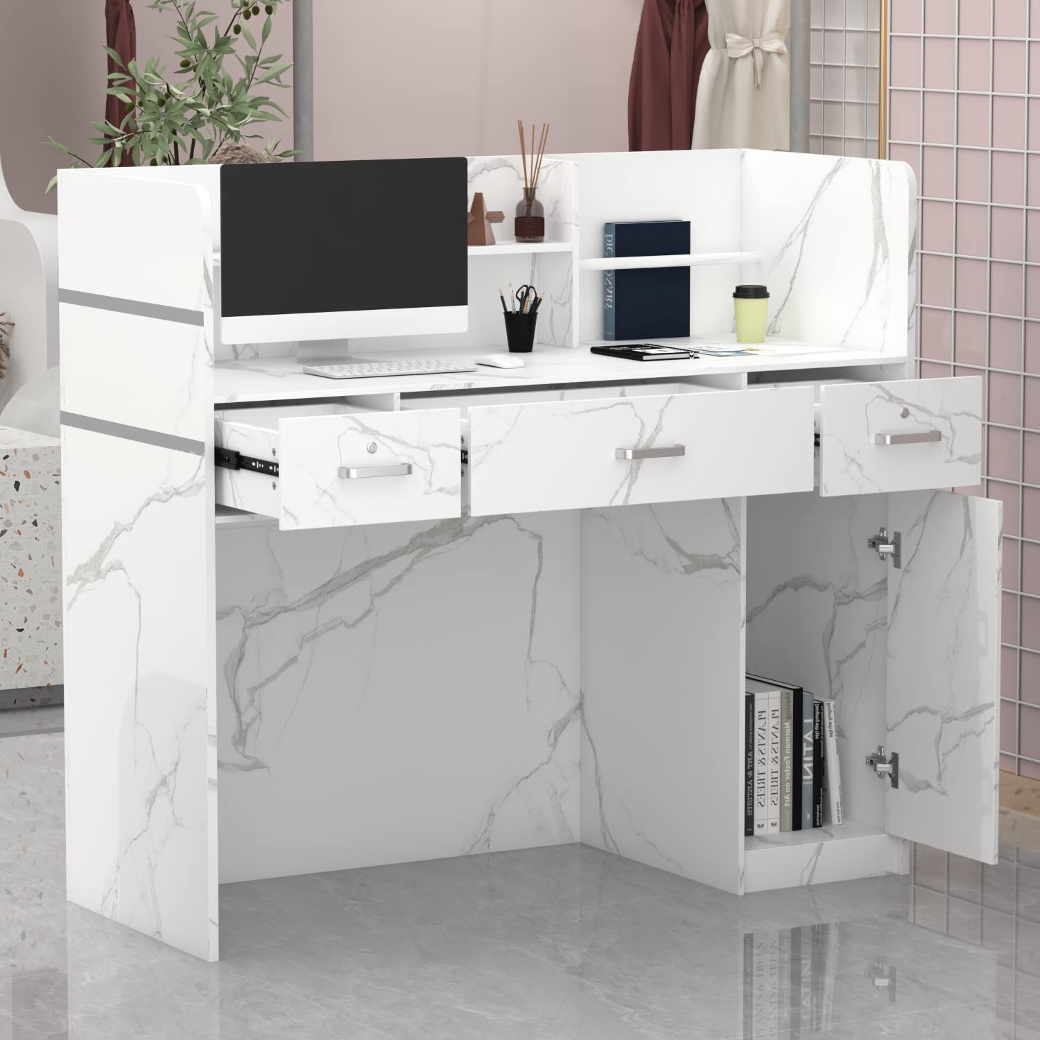 AGOTENI Reception Desk Reception Stations with Open Shelf & Drawers, Wooden Counter Desk with Lockable Drawer for Office Reception Room (Marble White)