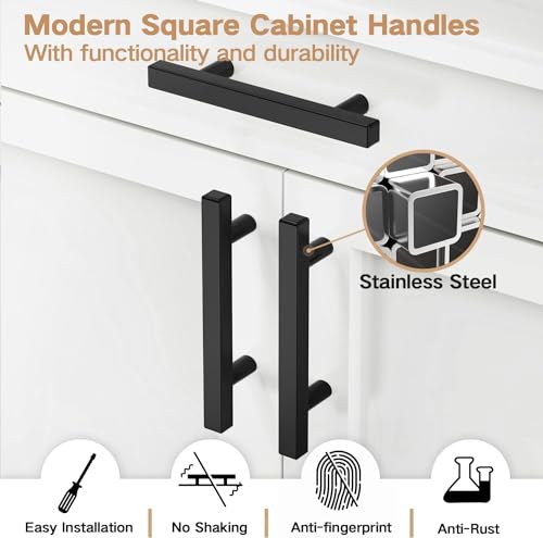 Qibaok 30 Pack Square Cabinet Handles Matte Black Cabinet Pulls 3-3/4" Hole Centers Drawer Pulls Stainless Steel Kitchen Handles for Cabinets, 6”Length Cabinet Hardware for Bathroom Farmhouse