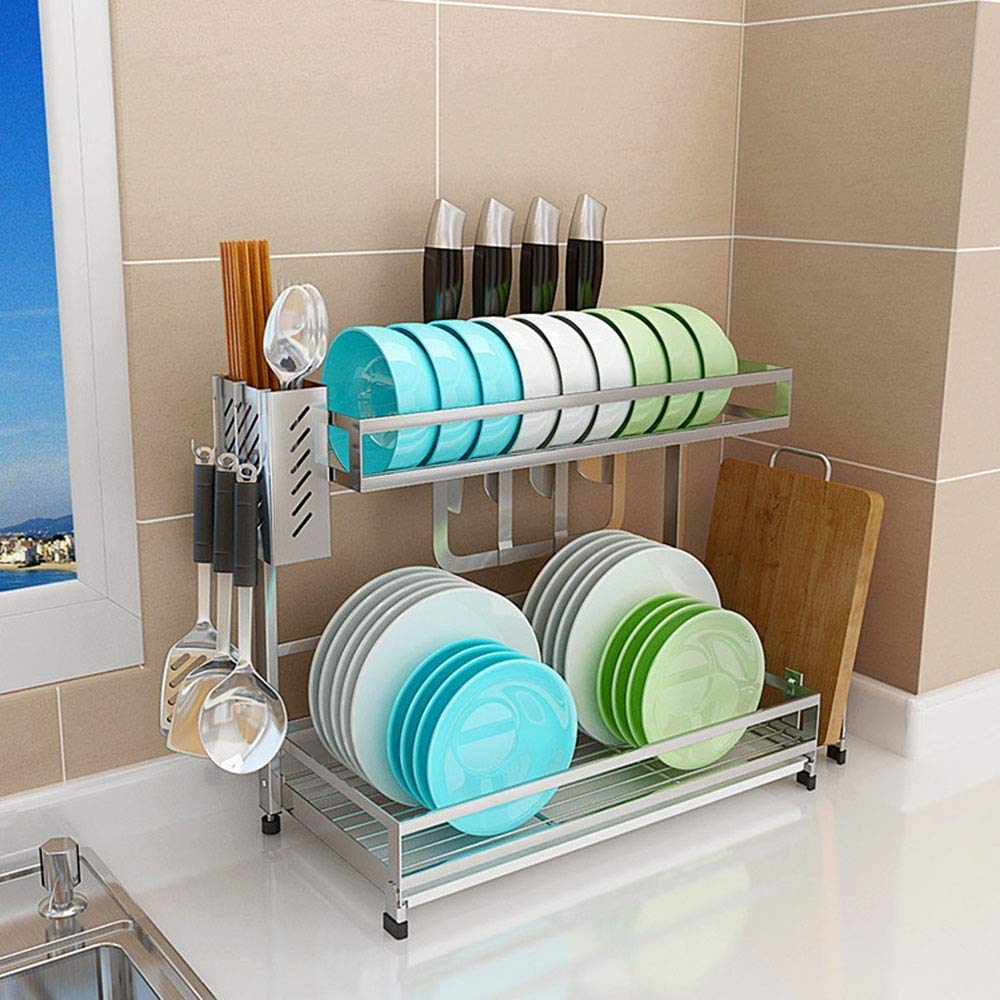 KLHDGFD Drain Rack-Stainless Steel Kitchen Dish Drying Rack 2-Tier Wall Floor Mounted