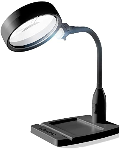 iMagniphy 8X Desk Magnifying Light - White or Black - Magnifying Lamp for Reading, Crafts - Desk Magnifying Glass with Light and Stand, 6 LEDs, Base
