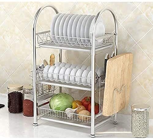 Plate Rack Dish Drainer Rack Drainer Holder Organization Shelf Kitchen Stainless Steel Utensil Chopping Board Holder with Drain Pan Plate Holder (Color : Silver, Size : 3-Tier)