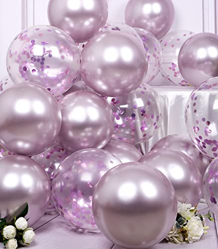 SUWEN Metallic Lavender Balloons and Confetti Balloons Set 47PCS Latex Helium Chrome Light Purple Balloon for Birthday Anniversary Party Decorations