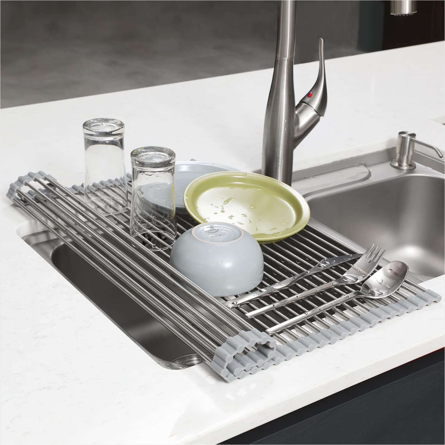 EMBATHER Roll Up Dish Drying Rack Over The Sink, Dish Drying Rack for Kitchen Counter, Multipurpose Stainless Steel Foldable Kitchen Drainer Rack with Silicone Mat, Anti-Slip, (Grey, 20.5"x15")