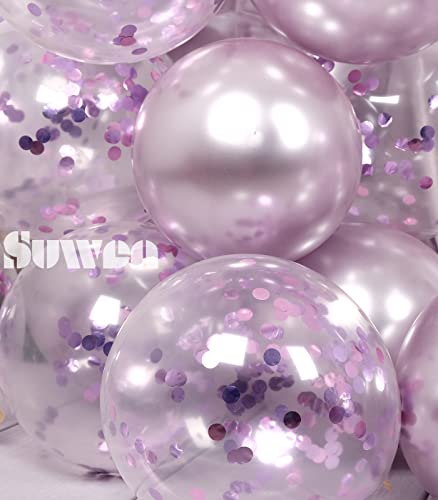SUWEN Metallic Lavender Balloons and Confetti Balloons Set 47PCS Latex Helium Chrome Light Purple Balloon for Birthday Anniversary Party Decorations