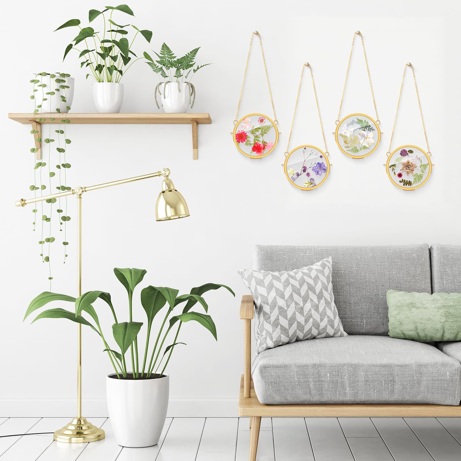BBTO 8 Pack Round Hanging Glass Frame Small Brass Hanging Photo Frames Set Wall Mounted Gold Double Glass Display for Pressed Flowers Photos Dried Specimen DIY Artwork Display Decoration, 3.9 Inch