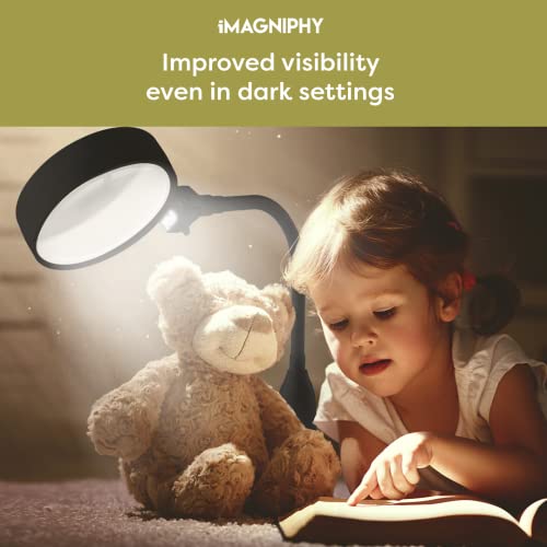 iMagniphy 8X Desk Magnifying Light - White or Black - Magnifying Lamp for Reading, Crafts - Desk Magnifying Glass with Light and Stand, 6 LEDs, Base