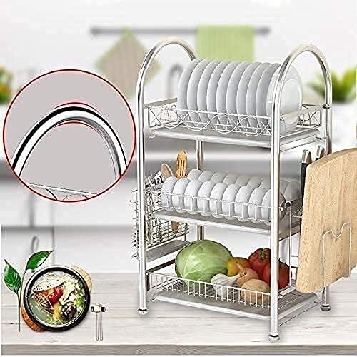 Plate Rack Dish Drainer Rack Drainer Holder Organization Shelf Kitchen Stainless Steel Utensil Chopping Board Holder with Drain Pan Plate Holder (Color : Silver, Size : 3-Tier)