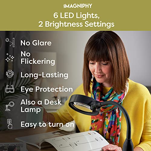 iMagniphy 8X Desk Magnifying Light - White or Black - Magnifying Lamp for Reading, Crafts - Desk Magnifying Glass with Light and Stand, 6 LEDs, Base