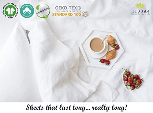Tissaj Organic Cotton Sheets King Size – Ultra White – GOTS Certified – Durable Luxury Quality – Extra Deep Pockets & Secure Fit – Premium Bedding – Sateen Weave – with Carry Pouch – Set of 4