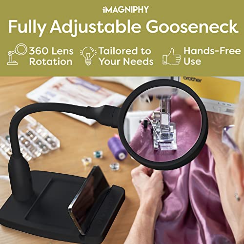 iMagniphy 8X Desk Magnifying Light - White or Black - Magnifying Lamp for Reading, Crafts - Desk Magnifying Glass with Light and Stand, 6 LEDs, Base