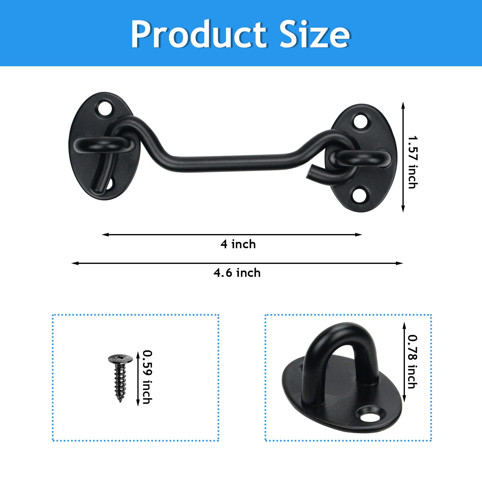 2 Pack Black Hook Lock for Door, 4 Inch Barn Door Latch Hook and Eye Latch with Screws Barn Door Lock Gate Latches for Fence Outdoor Window Cabinet Bathroom