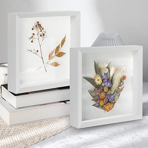 Anhow 2pcs 6x6 Shadow Box Frame, 3D Picture Frame Display Cas with Real Transparent Glass for Photos, Memorabilia, Crafts, Souvenir, Wedding Memories, Baby Items - White/ 1.2 Inch Depth